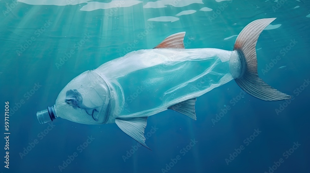 Fish plastic bottle shape floating underwater, marine plastic pollution ...