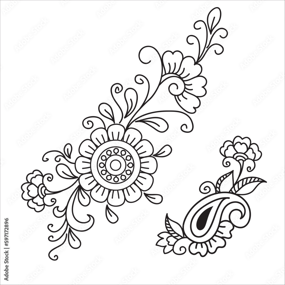 Set of different flower line on white background. Flowers drawing with ...