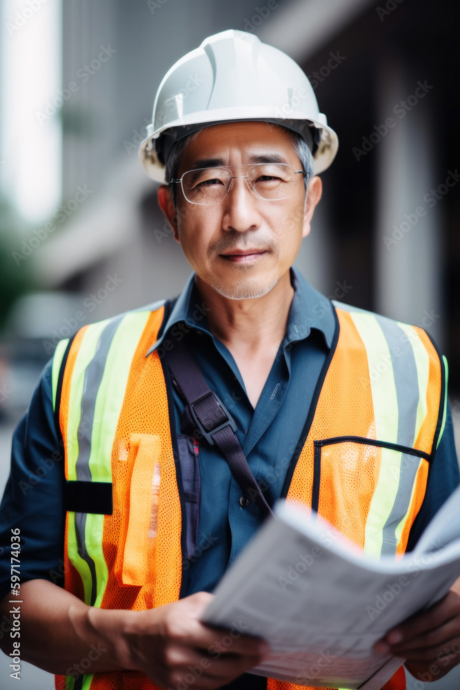 On the bustling construction site, a 50-year-old Asian construction ...