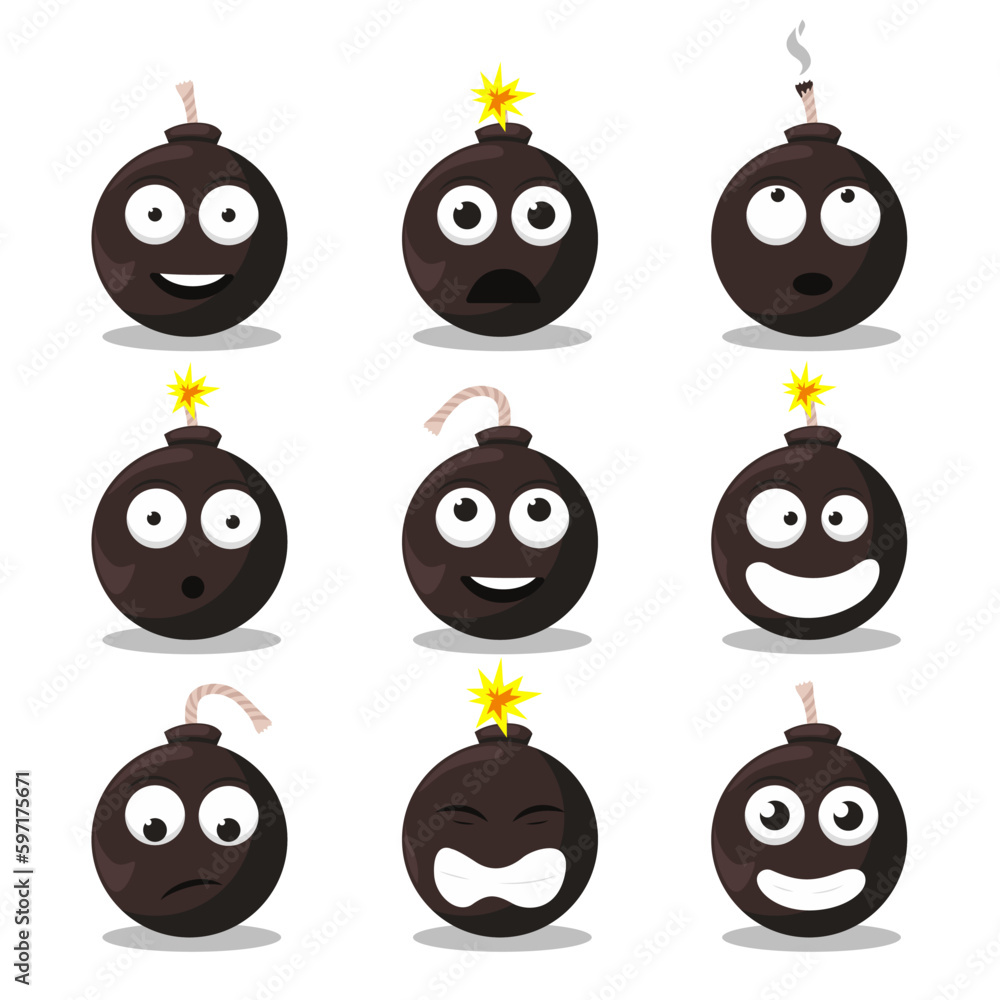 Cartoon bomb emotions set. Doodle explosive round weapon mascot with ...