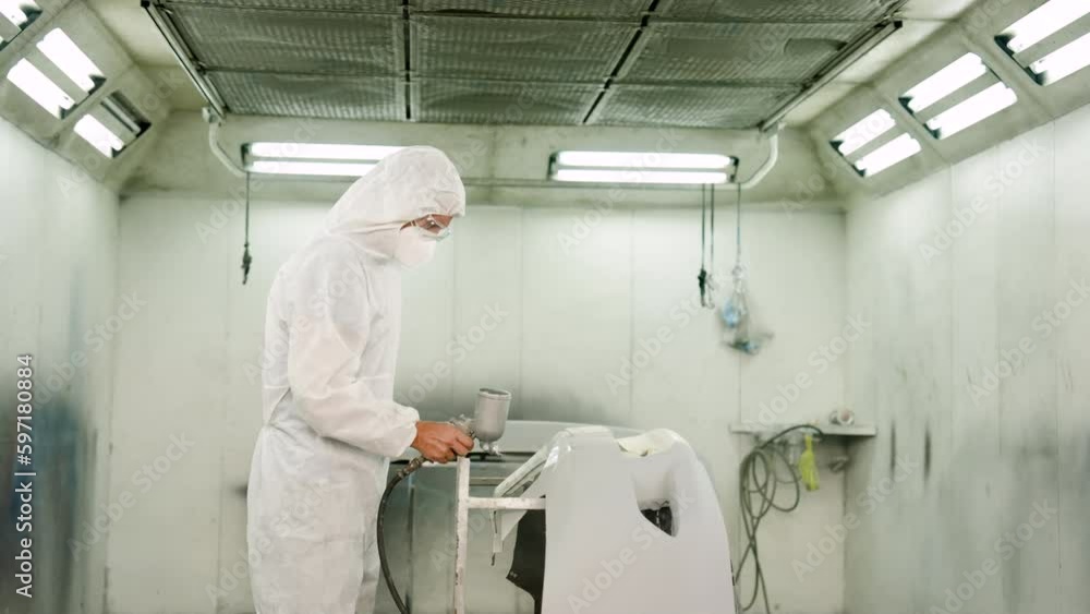 Slow motion, mechanic man wears PPE suit prevent contamination wear ...