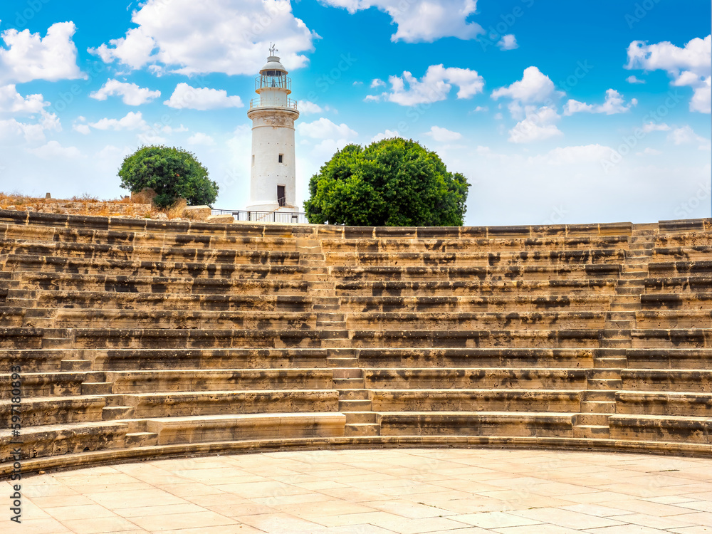 Island Cyprus. Summer Paphos. Archaeological park. Ancient amphitheater ...