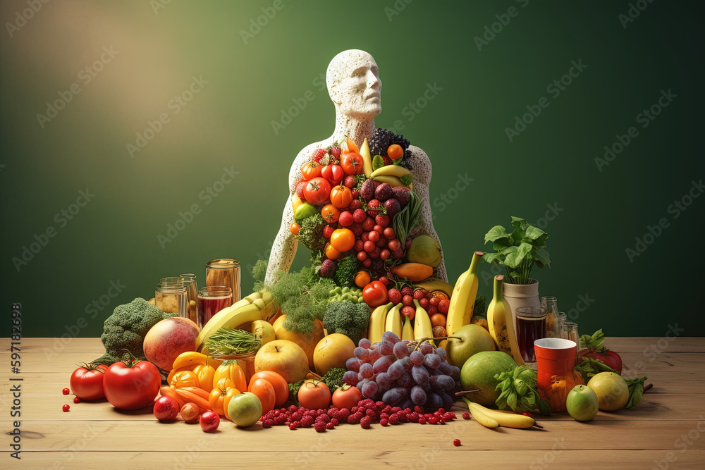 Fruits and vegetables forming a human body, metabolism, nutrition ...