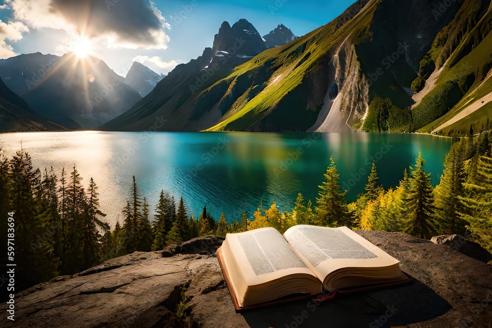 open book on the rock with mountain and lake background, generative ai ...