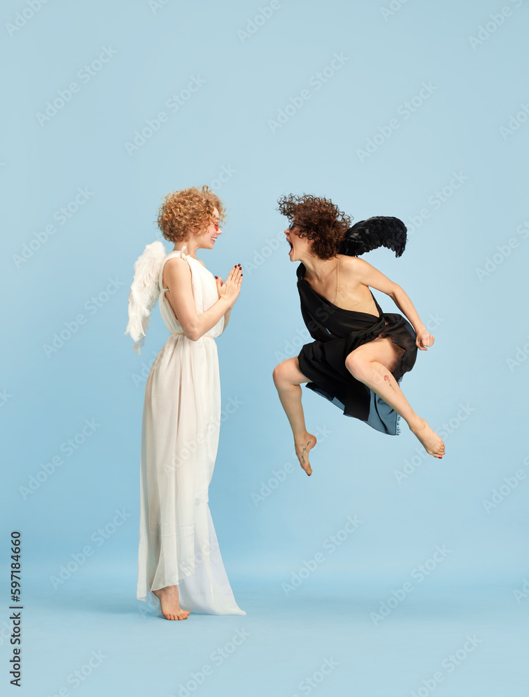 Kindness and anger. Cte, tender girl in image of angel and emotional ...