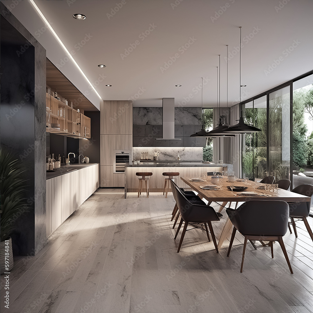 Generative ai illustration of dining room and open plan kitchen Stock ...