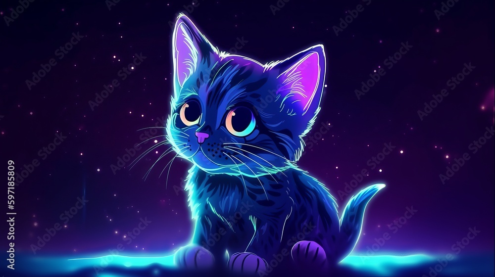 digital art of stargazing kitten in synthwave style, bioluminescence ...