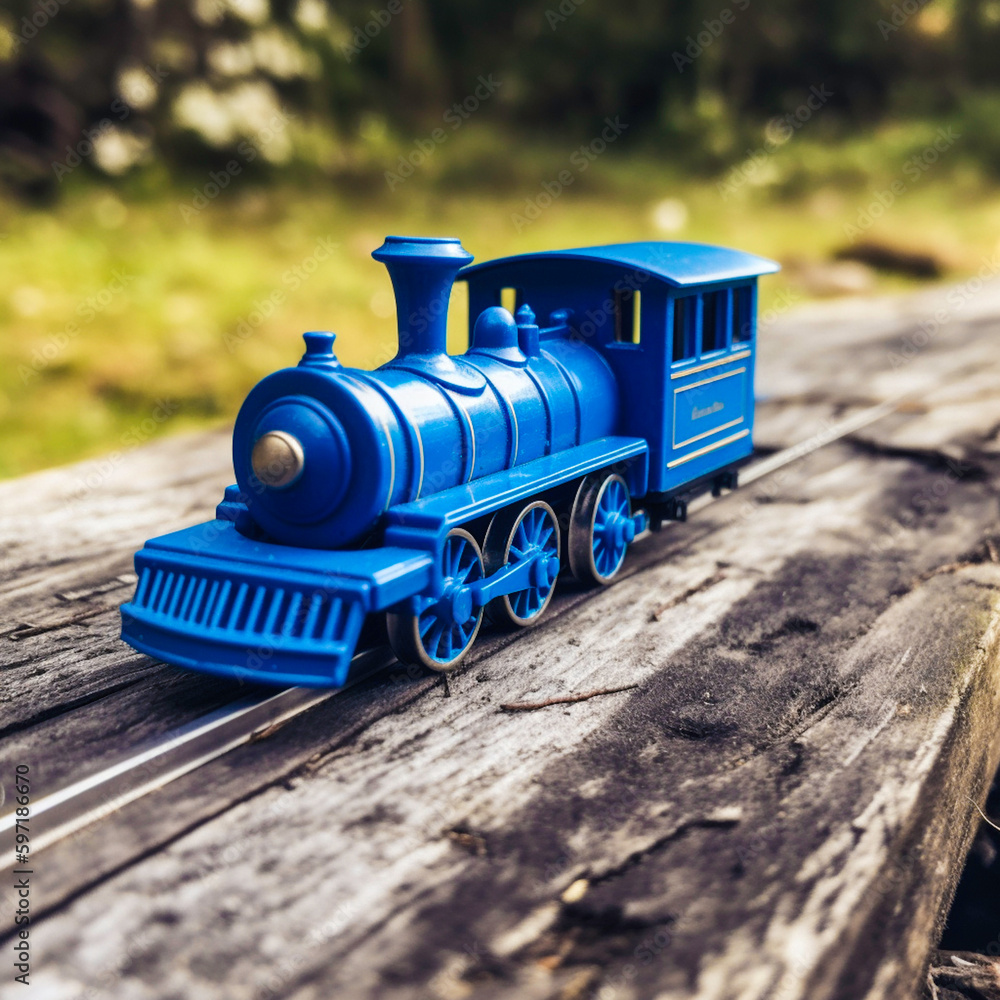 A blue toy train on a wood , created using generative ai technology ...