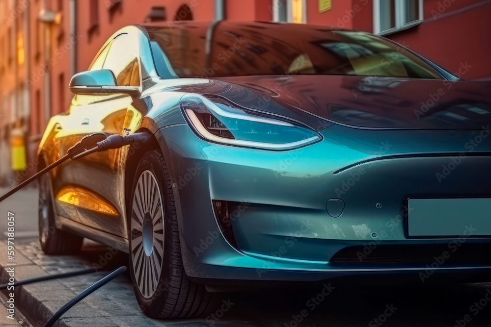 Electric car at charging station. Battery EV vehicle connected and ...
