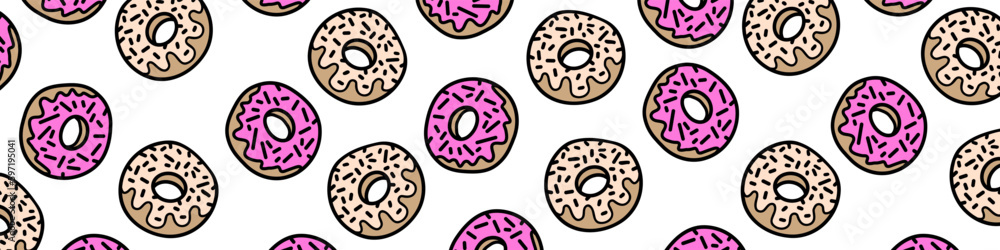 Sweet background with donuts illustration. Pattern of cartoon donuts ...