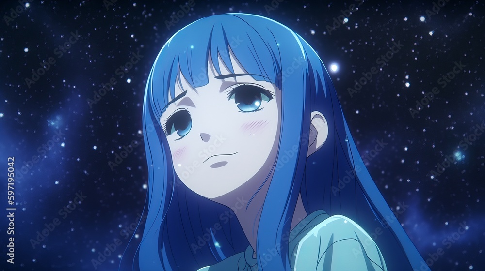 Very cute stargazing girl, Photorealistic anime, amazing blue color ...