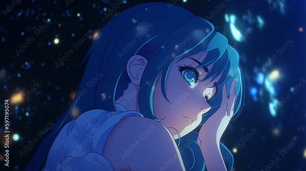 Very cute stargazing girl, Photorealistic anime, amazing blue color ...