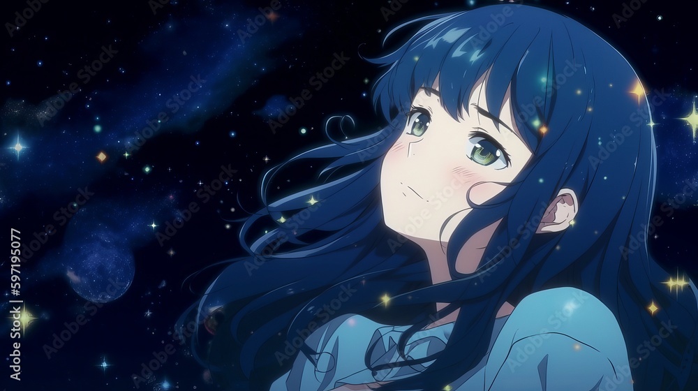 Very cute stargazing girl, Photorealistic anime, amazing blue color ...