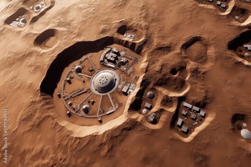 Aerial top view of the first human colony on Mars, created with Generative AI technology Stock ...