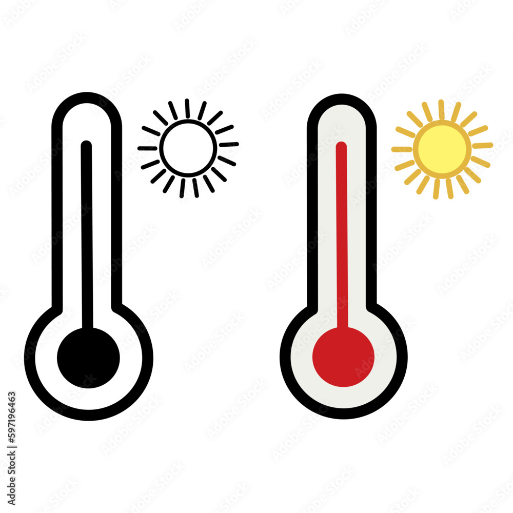 Hot Temperature Icons. Vector thermometer. Summer weather icons Stock ...