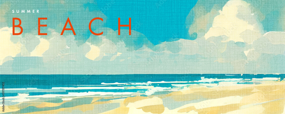 Abstract summer background with art illustration of sea beach and sky ...