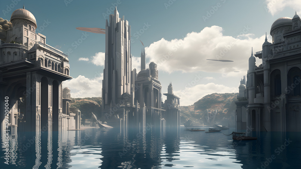 futuristic, city, water, architecture, buildings, technology ...