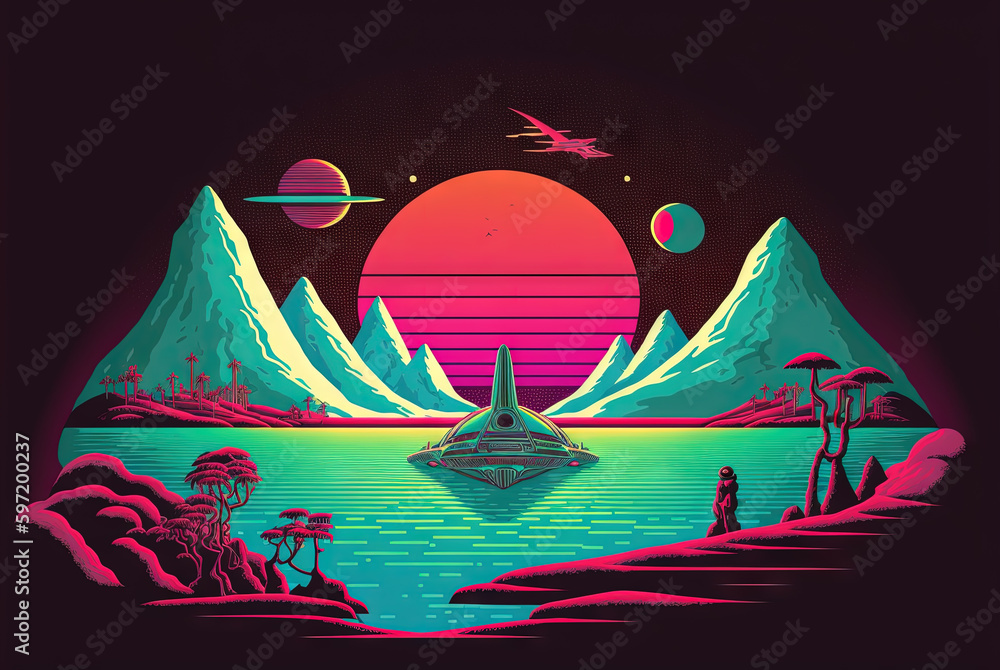 Retro styled sci-fi landscape with mountains. Retro futuristic science ...