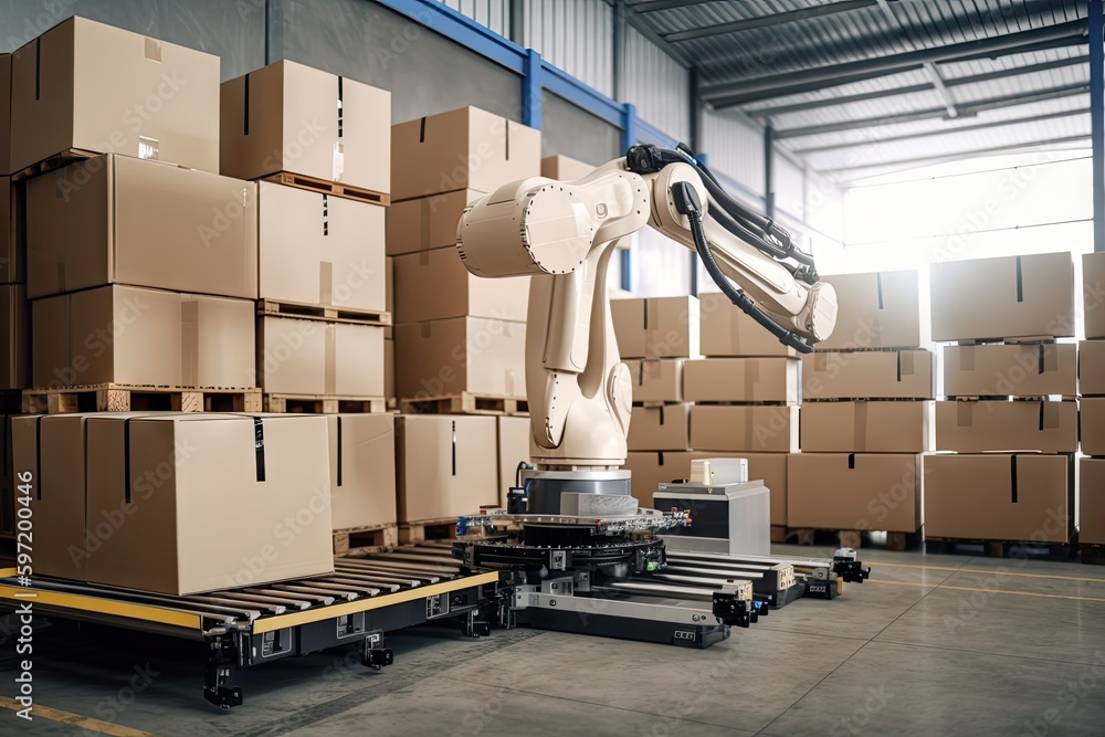 palletizing robot, loading boxes onto pallets in warehouse, created ...