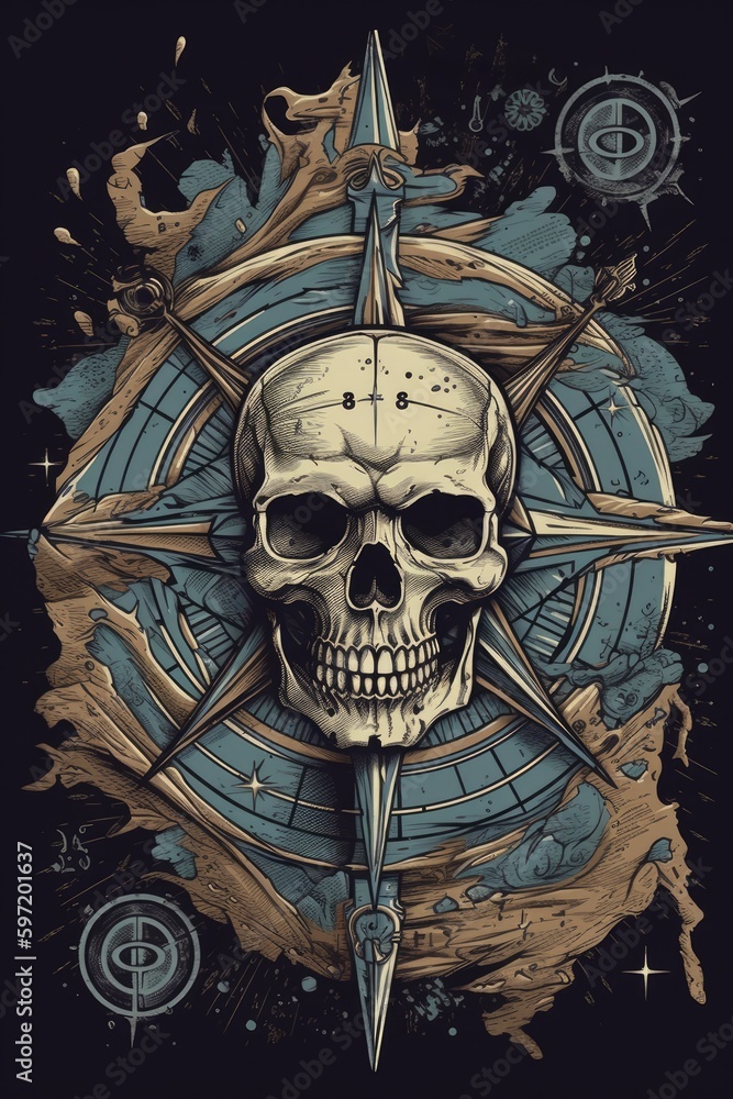 Cartoon Compass rose skull Tshirt design. Generative AI Stock ...