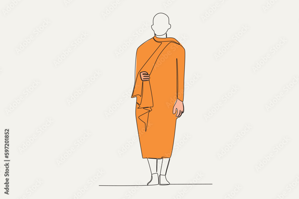 Color illustration of a man wearing full monk clothing. Monk one-line ...
