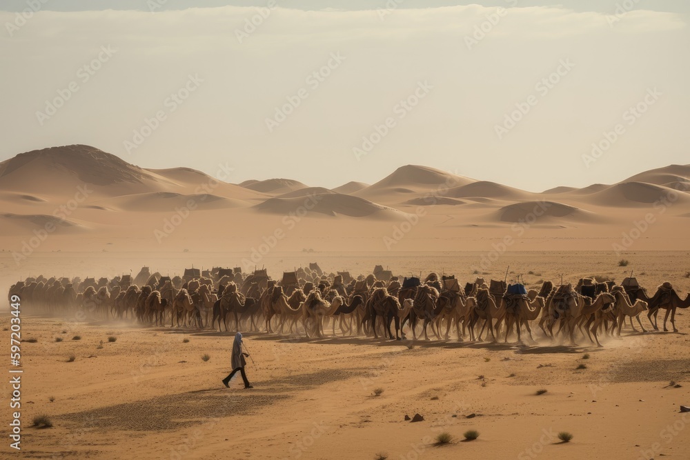 nomadic tribe making its way across the desert, with camels and goats ...