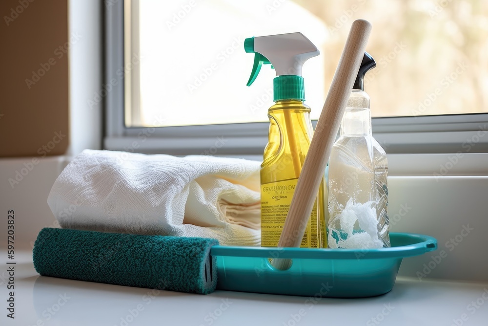 bottle of window cleaner, roll of paper towels, and squeegee in a ...
