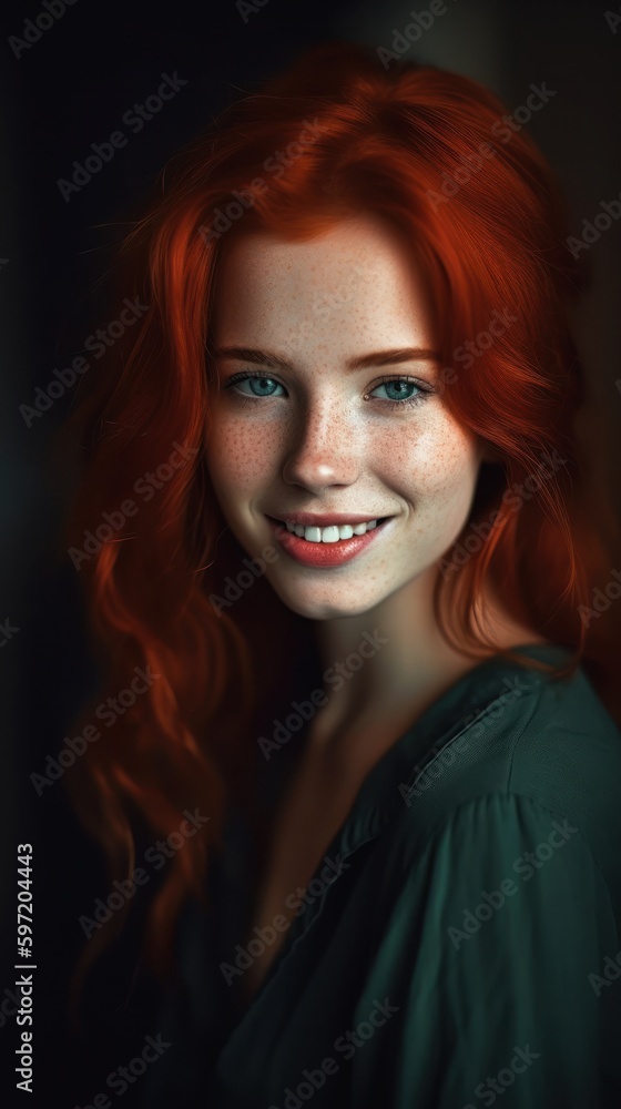 smile female rouge red hair closeup woman borders young slight freckles ...