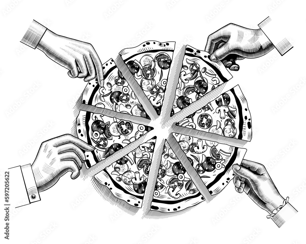 Friends having pizza party dinner. Big round tasty pizza cut into equal ...