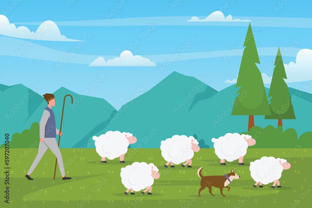 Character of shepherd man with dog and sheeps in beautiful landscape 2d ...