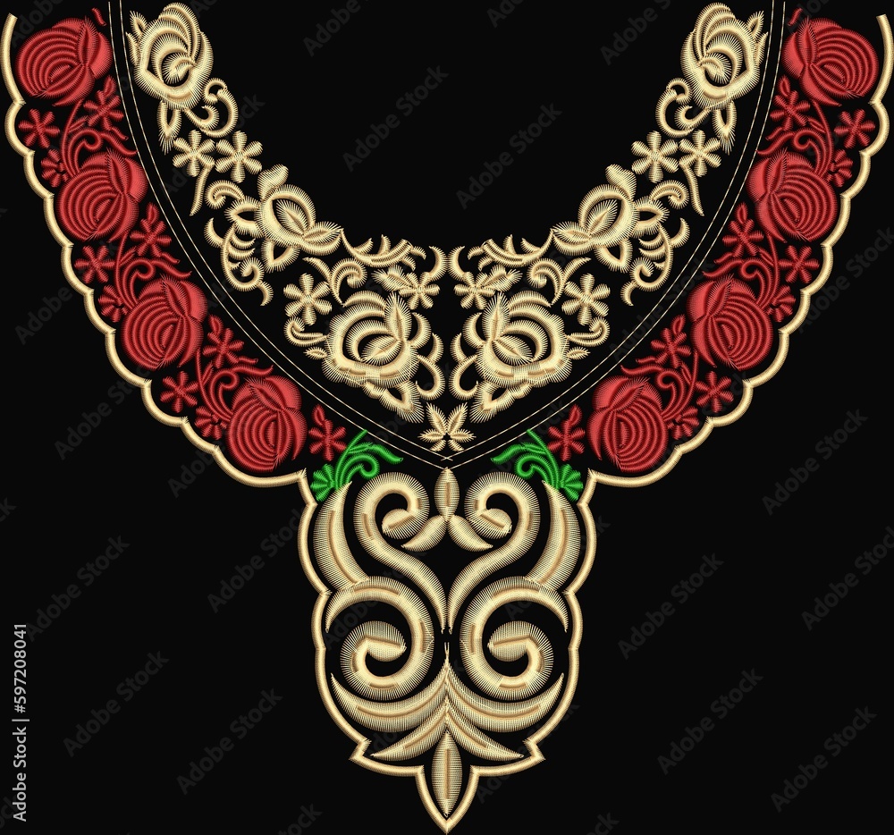 Satin stitch embroidery design with flowers. Indian traditional ...