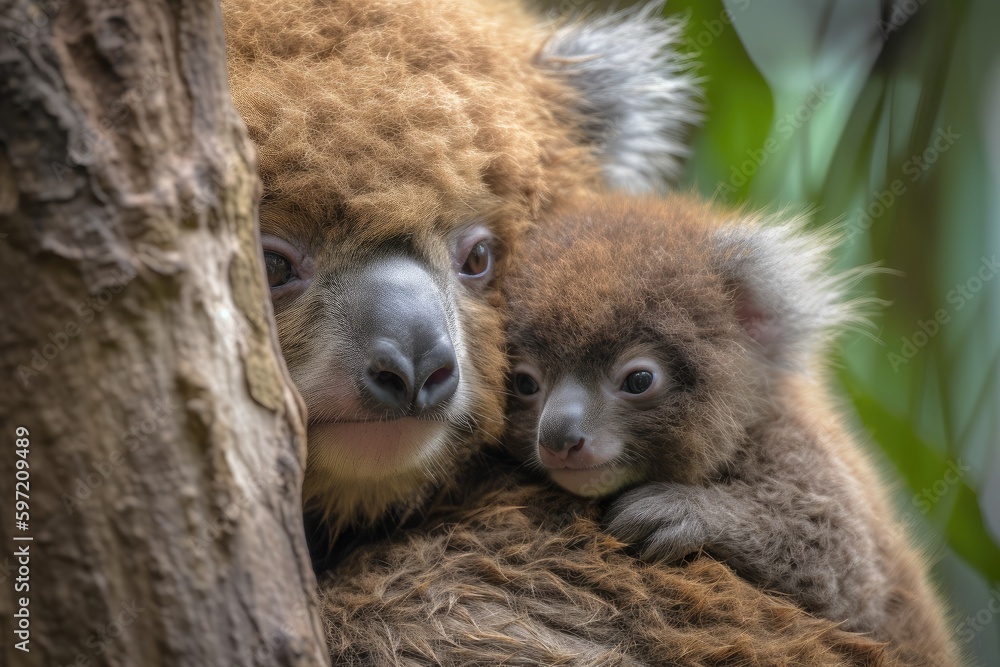 koala cub clinging to its mother as they travel among the eucalyptus ...