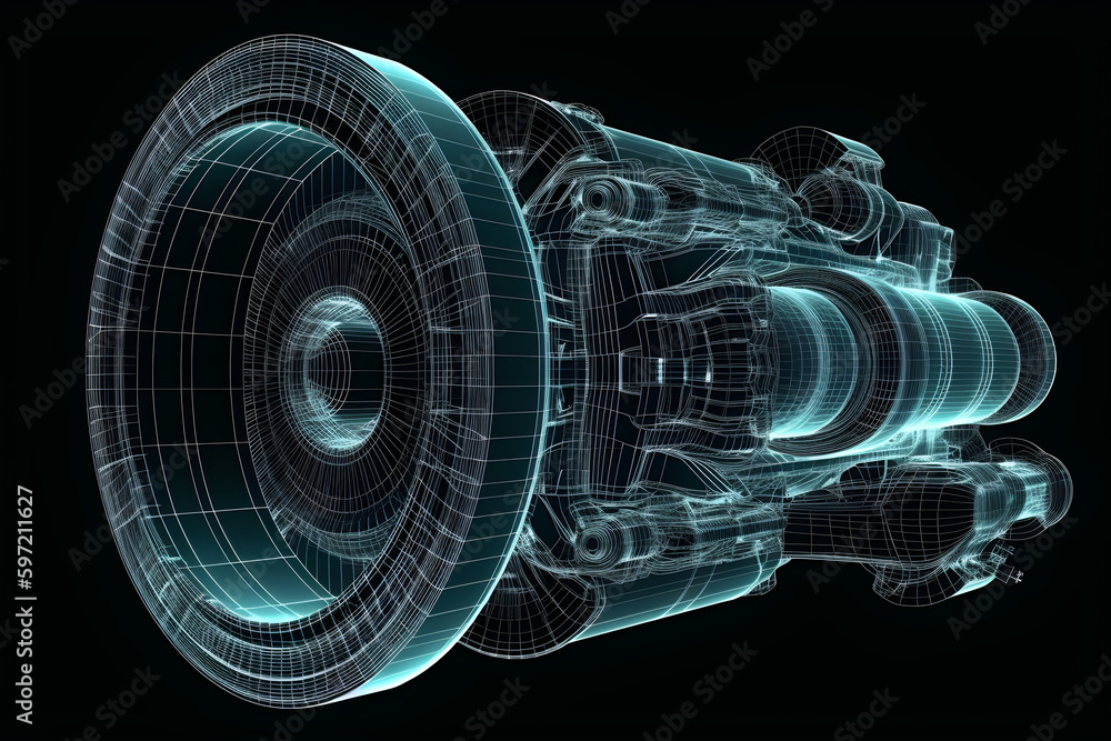 A image of a blue wireframe of a jet engine on black background ...