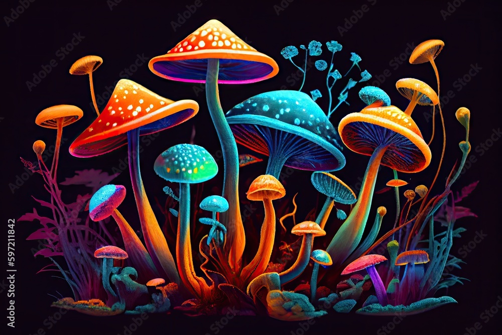 magic mushroom garden with different species of mushrooms growing in ...