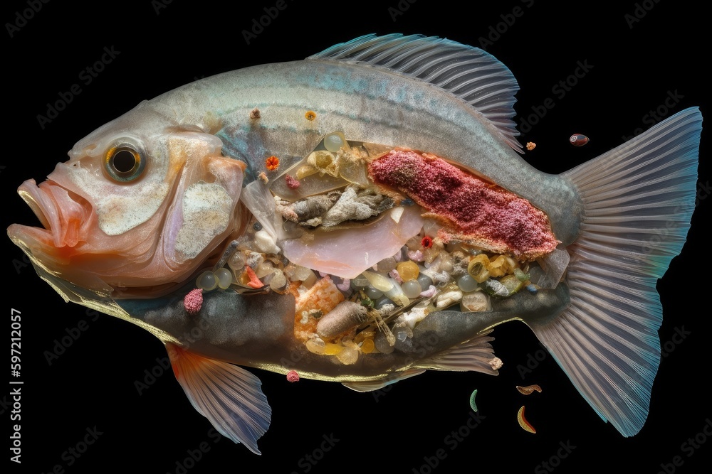 microplastics in the stomach of a fish, with its digestive system ...