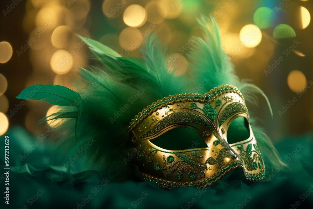 Realistic carnival mask with green feathers on blurred green background ...