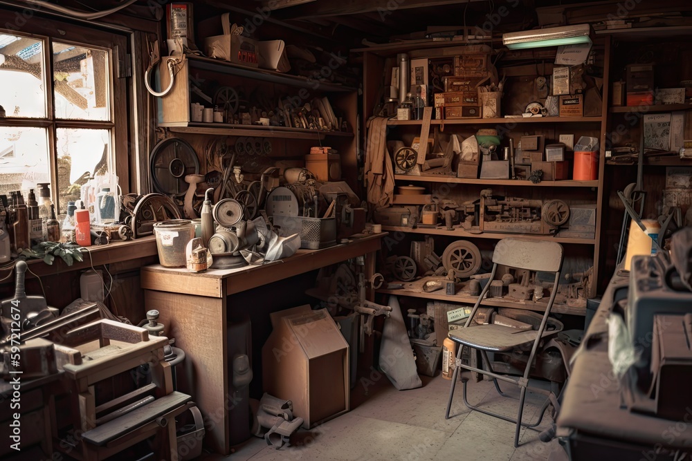 old garage with shelves full of vintage tools and parts, ready for a ...