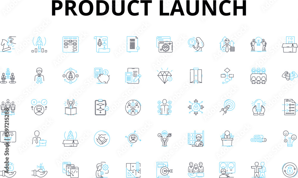 Vetor de Product launch linear icons set. Unveil, Release, Introduction ... Vetor de Product launch linear icons set. Unveil, Release, Introduction ...