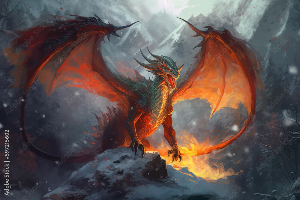 Stockillustratie Ferocious Fire Fantasy Dragon Roars and prepares to ...