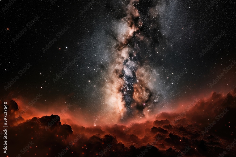 intergalactic battle between two opposing forces of galaxies and nebulae, with explosions and ...