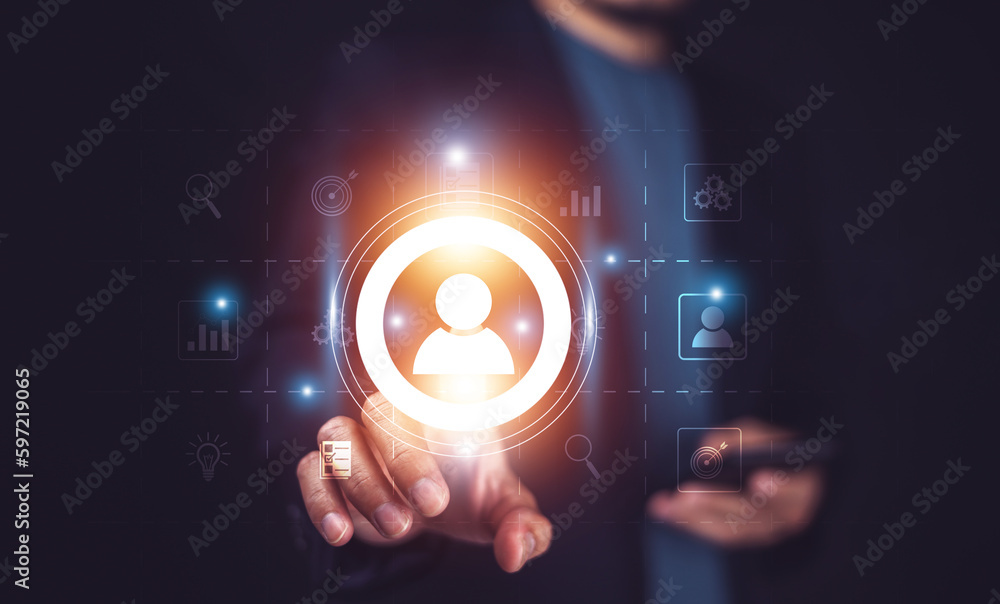 Businesspeople touching on screen to target customer. Target customer ...