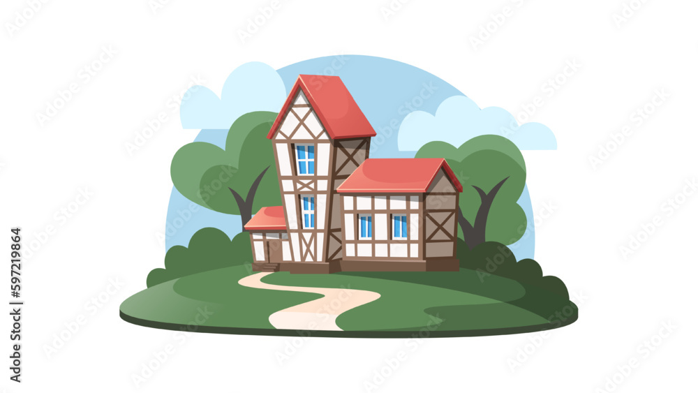 German ancient half-timbered building isolated on white background ...