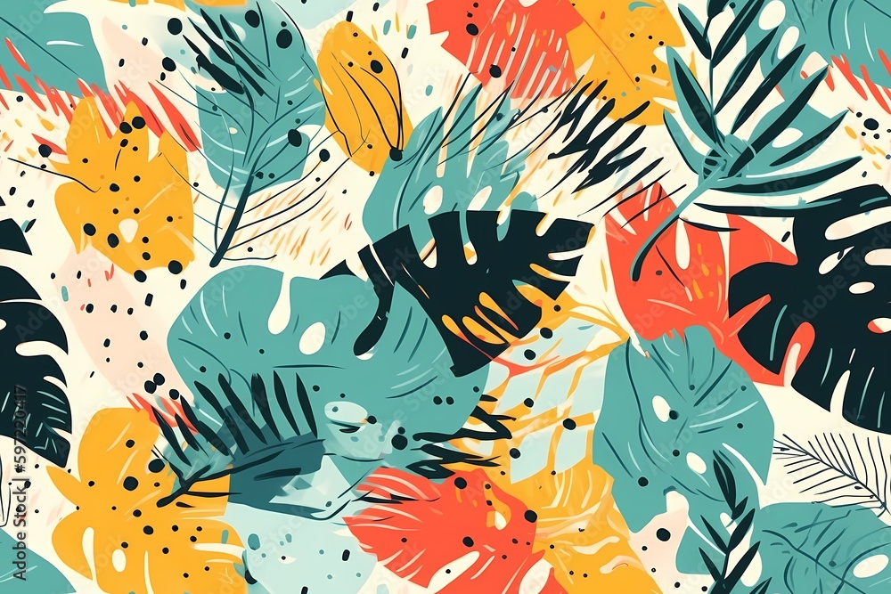 Seamless drawing of palm leaves, monstera leaves and flowers in a ...