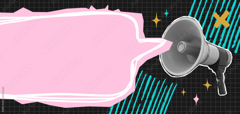 Pop art collage with megaphone. Loudspeaker announcing crazy promotions ...