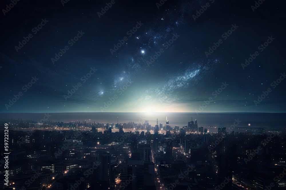 stellar view of futuristic city, with stars and nebulae visible in the ...