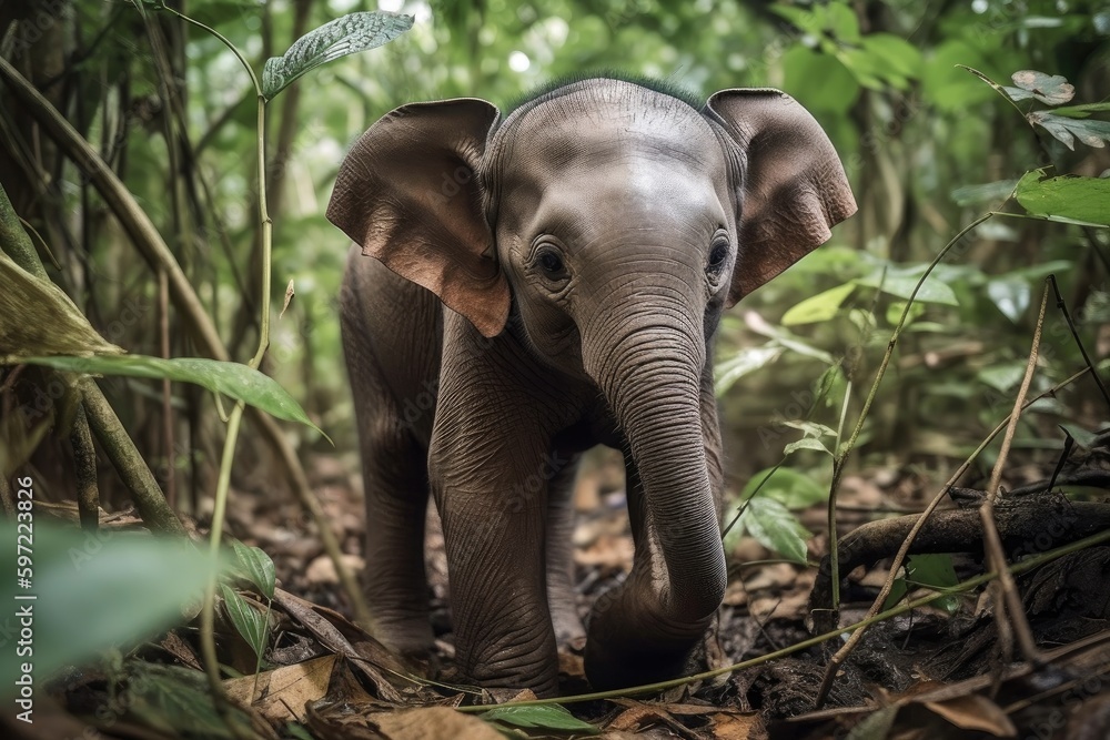 baby elephant, with its huge ears and wrinkly skin, exploring the ...