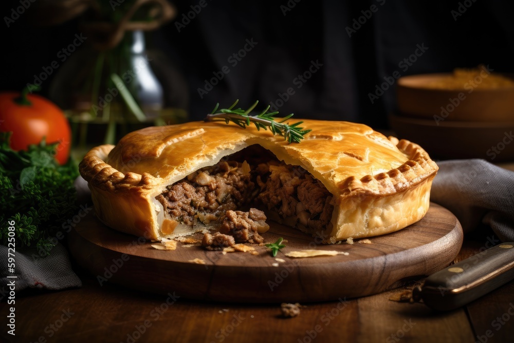 meat pie with golden brown crust, filled with juicy and tender meat ...