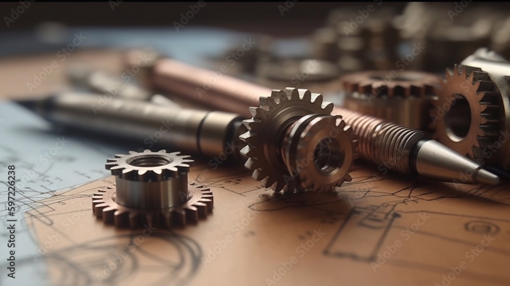 Technical background with drawings of gears made with a simple pencil ...