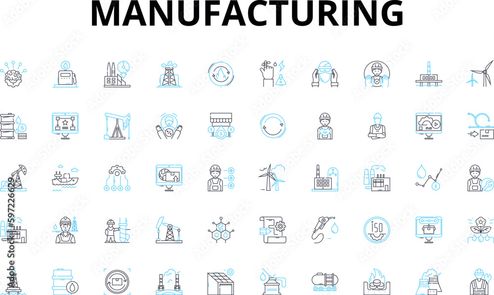 Manufacturing linear icons set. Production, Assembly, Fabrication ...