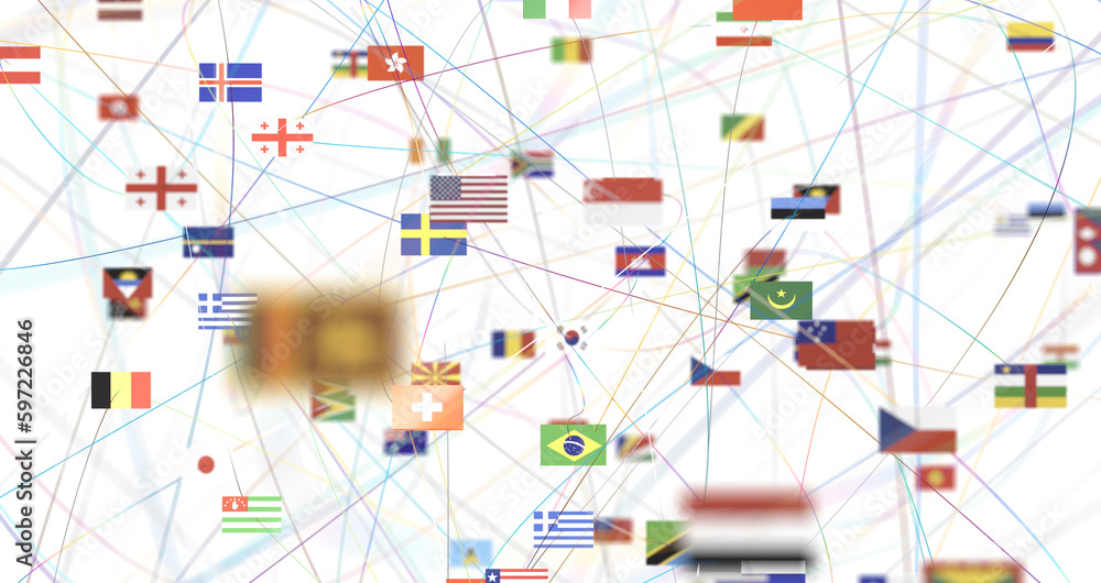 Connection lines Around map with all country flags, Futuristic ...